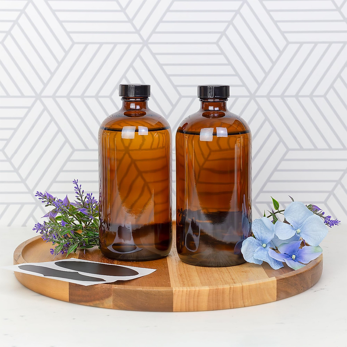 Cornucopia 16oz Amber Glass Bottles with Reusable Chalk Labels and Lids (2 Pack), Refillable Brown Boston Round Bottles, with Black 28-400 Caps