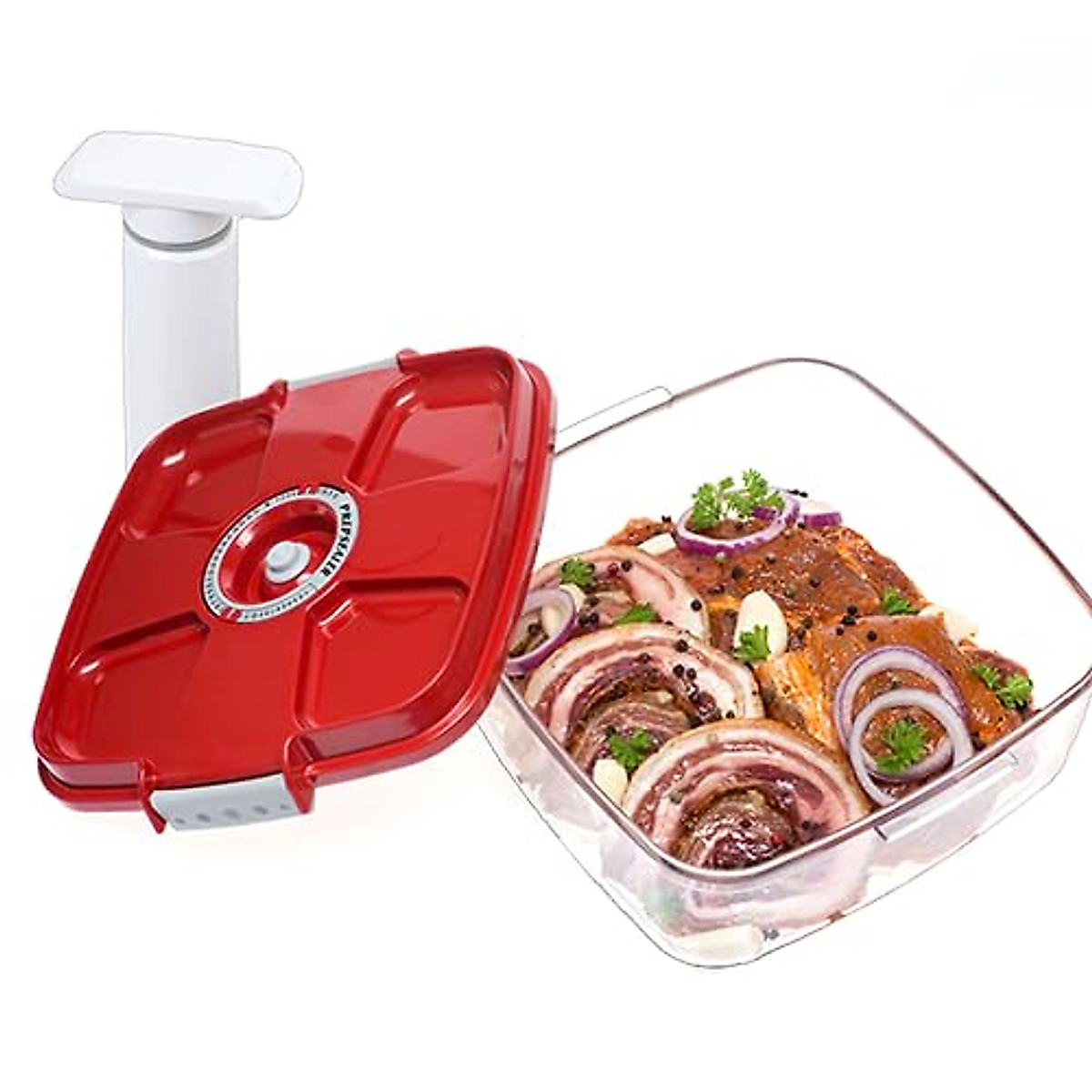 PrepSealer Marinating Vacuum System Container-Makes Food Tastier, Juicier, Healthier and More Tender (2 Liter, Square Shape, Tritan Material, Red Color, Manual Hand Pump Included)