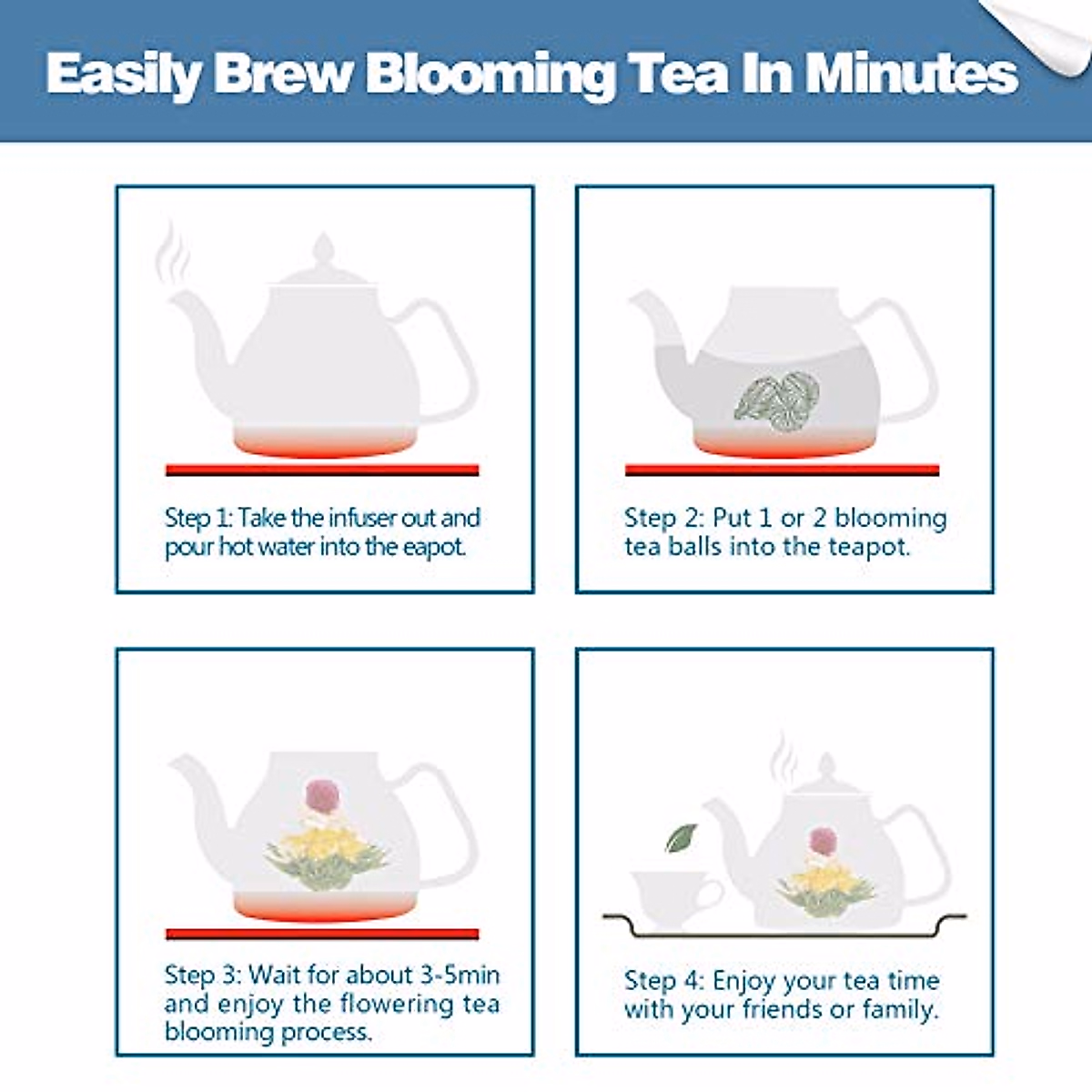 TETWIN Glass Teapot Including 2 Blooming Flower Tea Balls, Stovetop Safe Tea Pot with Removable Infuser for Blooming and Loose Leaf Tea, 1000ml / 33.8oz