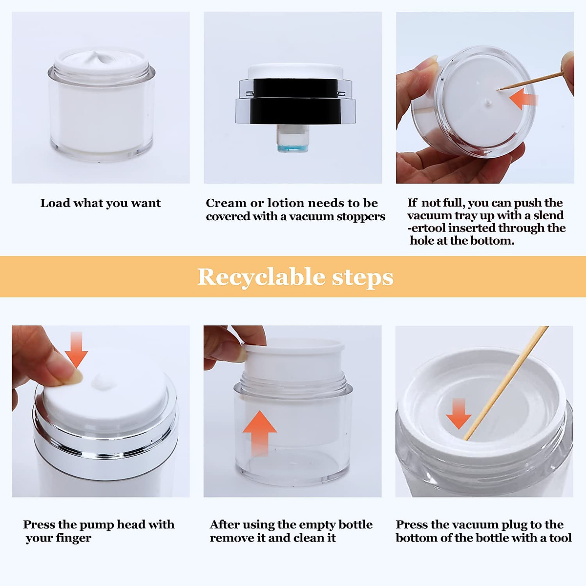 5 Pack Airless Pump Jar set, 1.7 OZ Airless Pump Bottle and Travel Jar for Creams, Vacuum Cosmetics Pump Bottle Dispenser, Travel Container for Creams, Lotion, Cosmetic, Toiletries and Liquid Storage