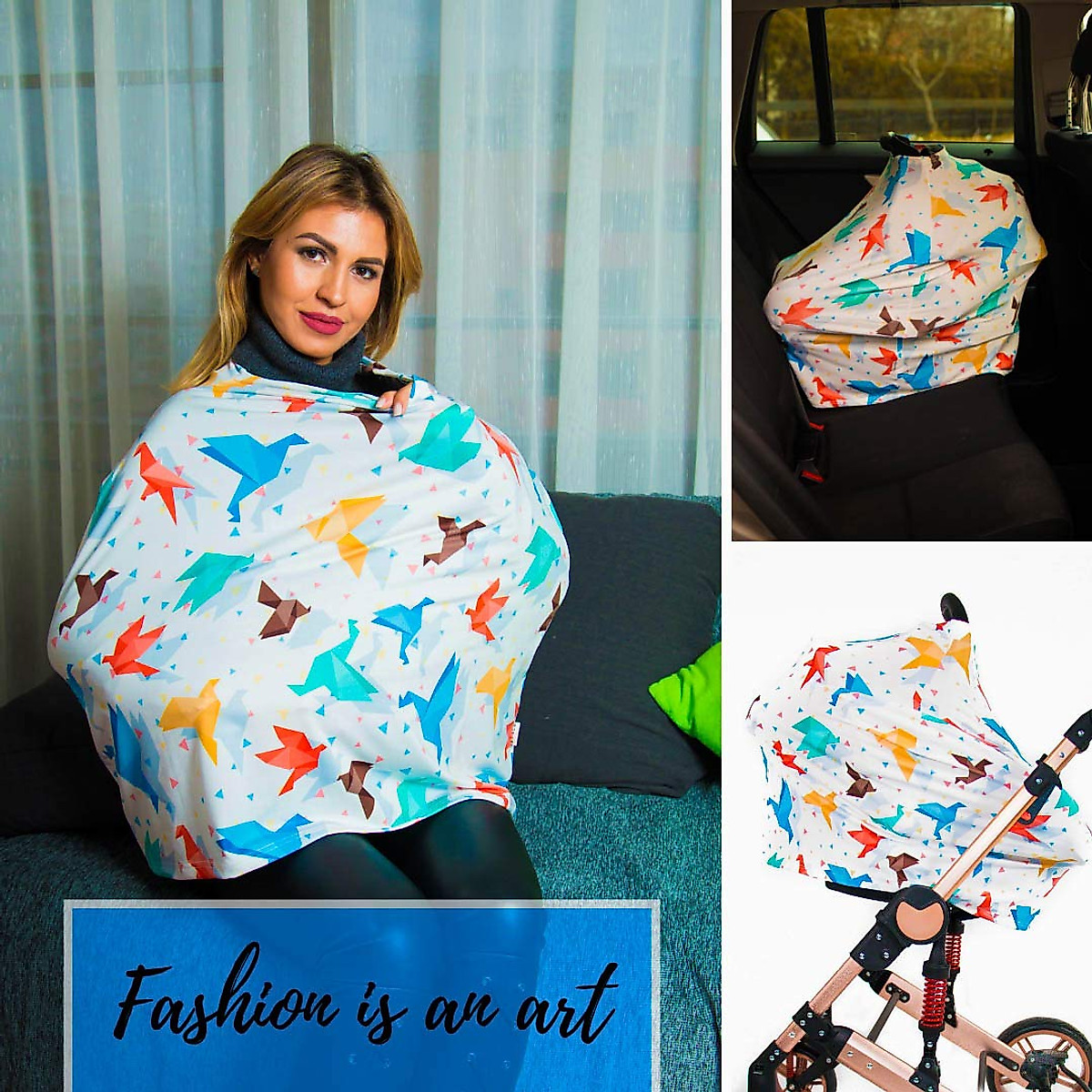Nursing Breastfeeding Cover Scarf - Baby Car Seat Canopy - Gift - Shopping Cart, Stroller, Car Seat Cover for Girls and Boys - Best Multi-Use Infinity Stretchy Shawl - Origami