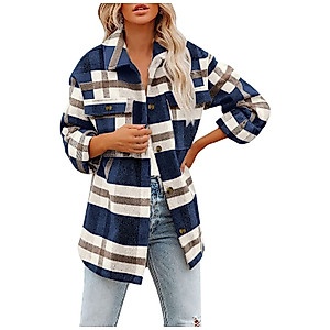 TTBDWiian Womens Plaid Jacket With Pockets Long Sleeve Button Down Shirts Flannel Shacket Jacket Fall Winter Casual Coat 2023