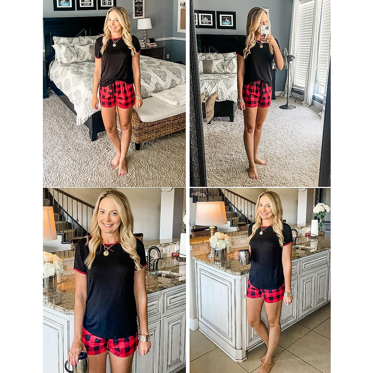 Ekouaer Women Pajama Set Casual Short Set Black and Red Plaid Medium