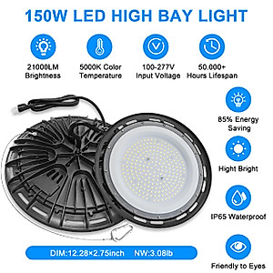 Eilpass Super Bright High Bay LED Shop Lights - 150W 5000K Daylight, 21000LM 120VAC with 5ft Cord & US Plug. Standard US Hook, IP65 Waterproof led high Bay UFO Lights