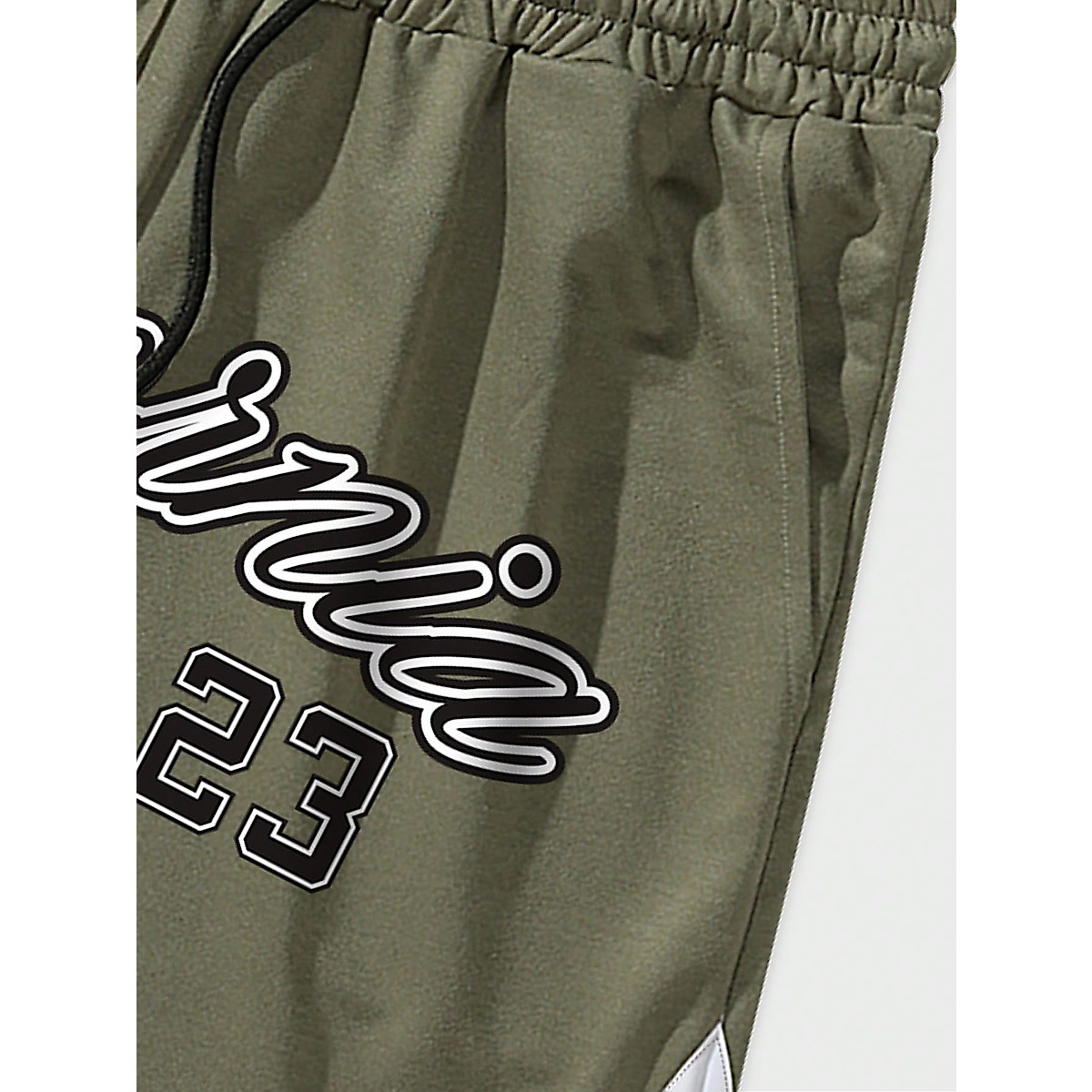 SHENHE Men's Letter Print Drawstring Waist Striped Trim Workout Gym Track Shorts Army Green L