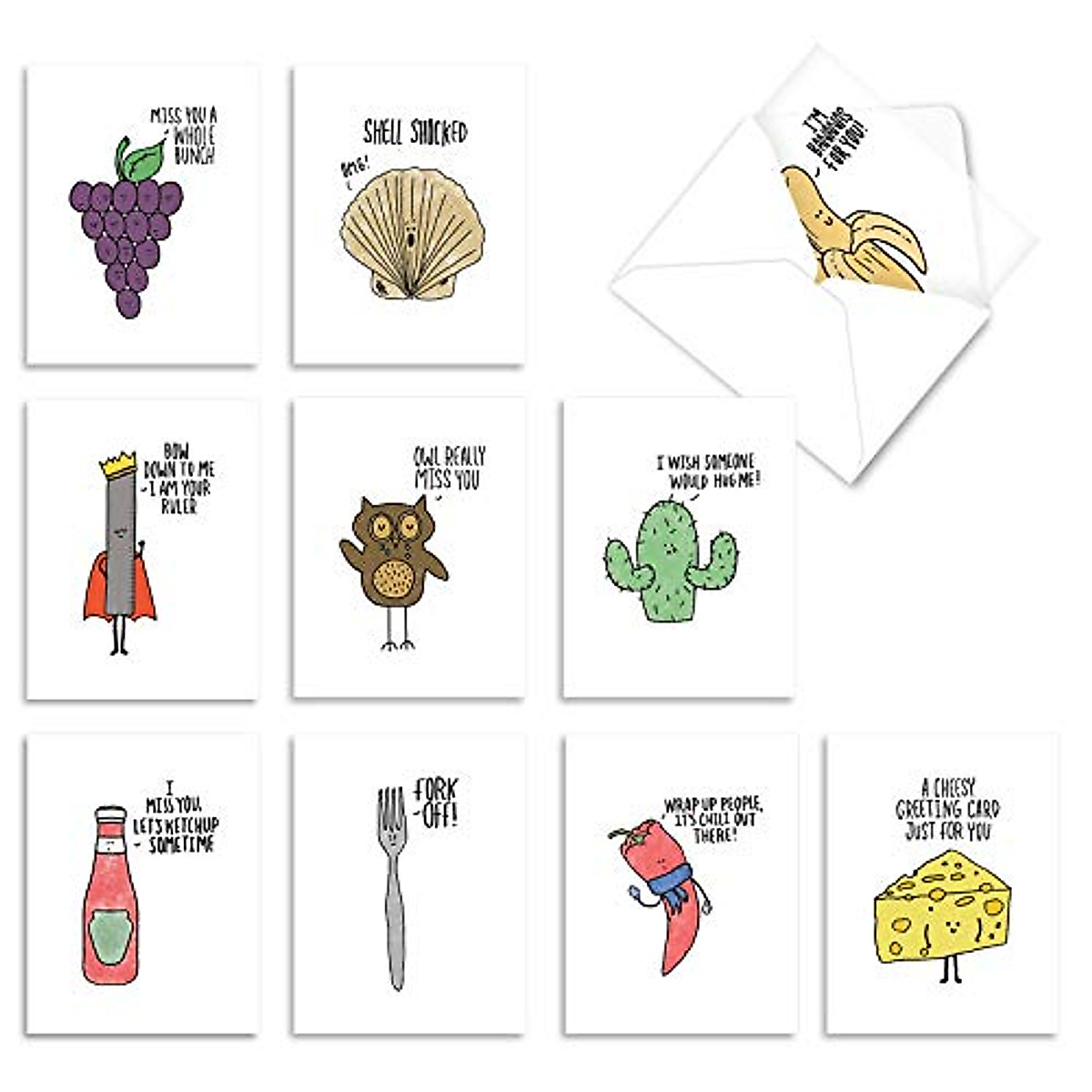 The Best Card Company - 10 Funny Assorted Blank Humor All Occasions Notecards Boxed Set 4 x 5.12 Inch w/Envelopes Cute Word Play for Men, Women (10 Designs, 1 Each) - Fun Puns M2975OCB