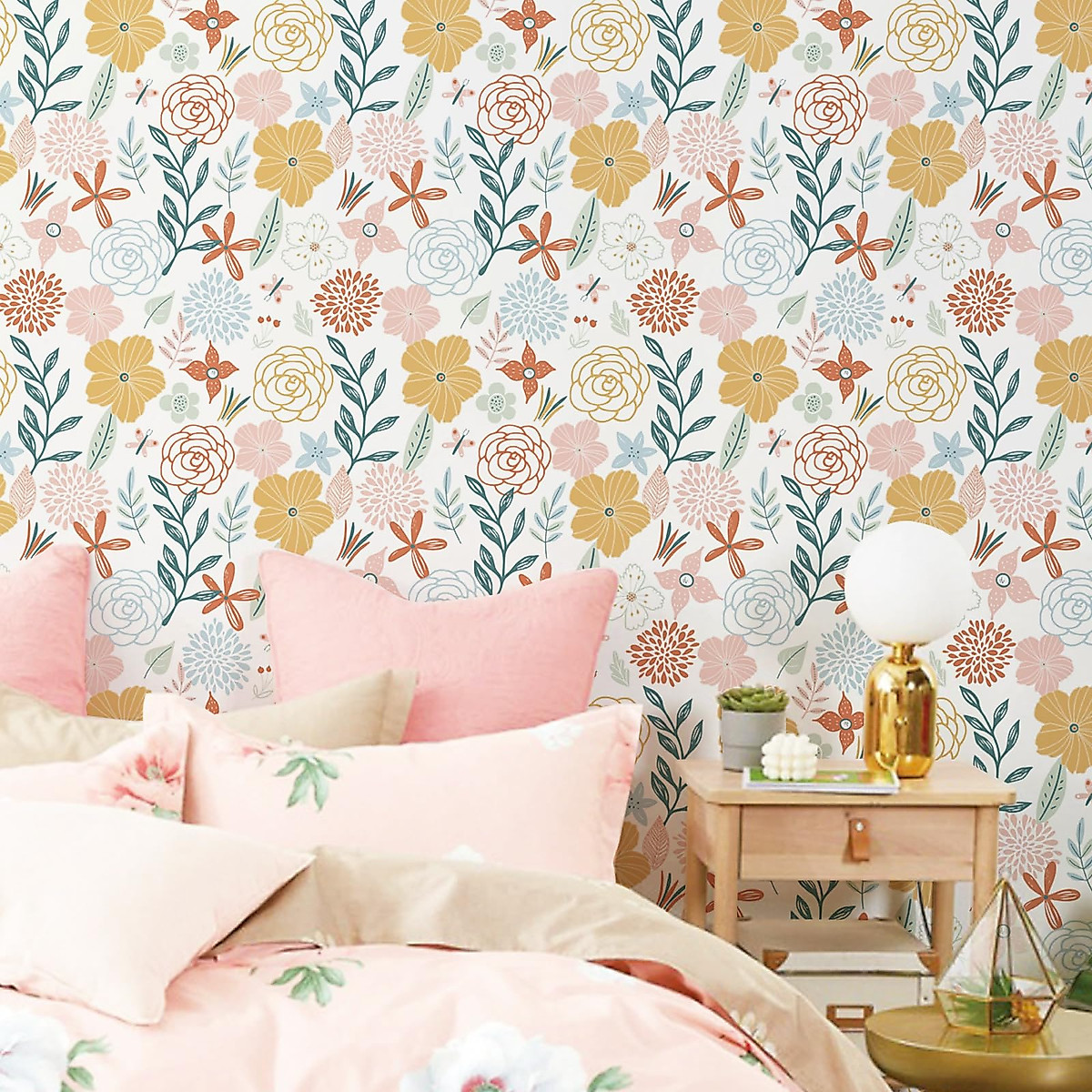 WENMER Floral Peel and Stick Wallpaper 17.71”×118”Boho Floral Wallpaper Pink Floral Contact Paper Self Adhesive Removable Wallpaper for Bathroom Cabinet Decorative