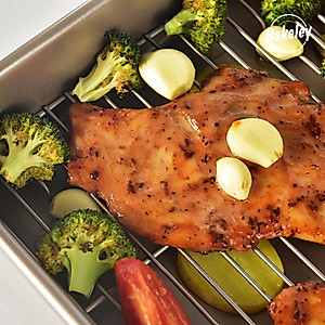 Bakeley Roasting Pan with Rack, Non-Stick Rectangular Deep Dish Oven-BBQ Bakeware for Oven Baking 13.78" x 9.84" x 2.36" (Champagne Gold)