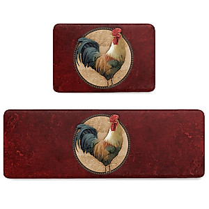 Kitchen Rugs and Mats Farm Rooster 2 Piece Comfort Standing Floor Mat Non Slip Absorbent Doormats for Laundry/Bathroom/Bedroom Decor Vintage Rural Cock Retro Marble Texture