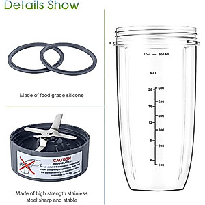 New Blender Cup and Blade Replacement Parts 32oz Cup and Extractor Blade and 2 Rubber Gaskets 4-Piece Compatible with NutriBullet High-Speed Blender/Mixer System 600W/900W Series