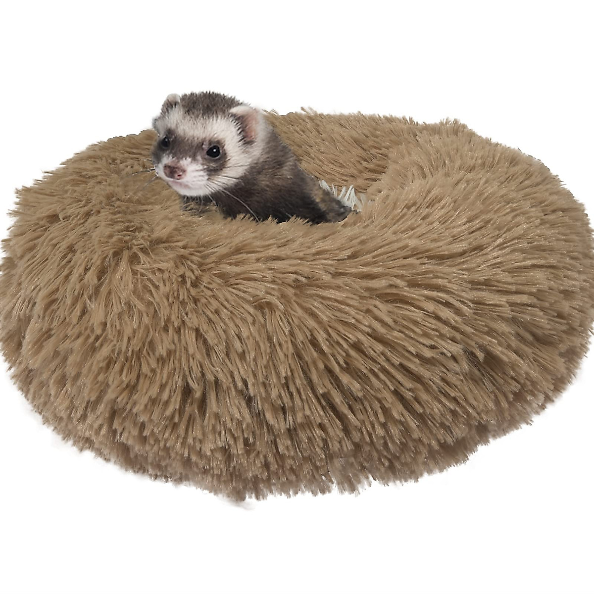 TTANFY Ferret Plush Donut Bed Soft Plush Small Pet Cushion Long Plush & Self-Warming Bed Waterproof Bottom for Ferret Guinea Pig and Small Animals (Brown)