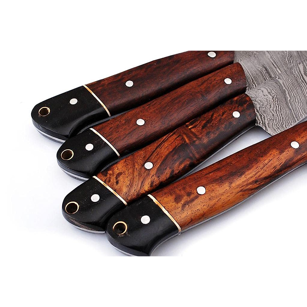 Professional Kitchen knife Custom Damascus Steel Chef knife 4 pcs of Utility BBQ knife| Cutlery set with Ross wood and Buffalo Horn Handle with Leather Roll Case, Overall 8.5 -13 inches