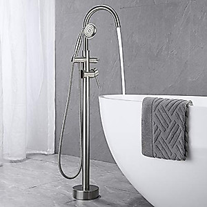 Wowkk Tub Filler Freestanding Bathtub Faucet Brushed Nickel Floor Mounted Brass Bathroom Tub Faucets with Hand Shower