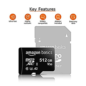 Amazon Basics microSDXC Memory Card with Full Size Adapter, A2, U3, Read Speed up to 100 MB/s, 512 GB