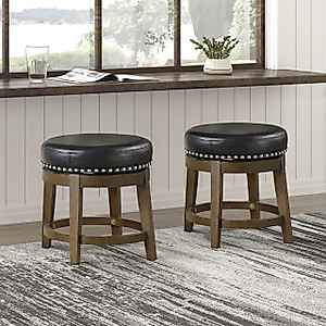 Lexicon Kenmare Swivel Bar Stools Set of 2, Rustic 360 Degree Backless Swivel Counter Stools, Faux Leather Upholstered, Solid Wood Frame, Easy Assembly, Round Bar Stools Swivel, Foot Rest, 19.5" Black