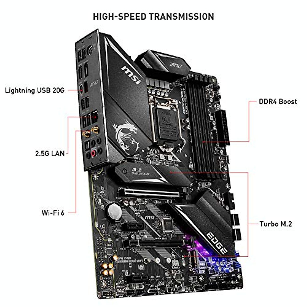 MSI MPG Z490 GAMING EDGE WIFI ATX Gaming Motherboard (10th Gen Intel Core, LGA 1200 Socket, DDR4, CF, Dual M.2 Slots, USB 3.2 Gen 2, Wi-Fi 6, DP/HDMI, Mystic Light RGB)
