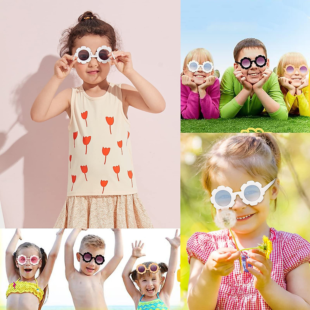 2 Pieces Flower Kids Sunglasses Boy Girl Toddler Sunglasses Cute Baby Sunglasses Party Favors for Boys Girls (Black +White)