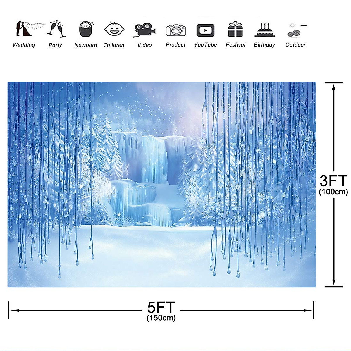 Aperturee Christmas Winter Backdrop, 5X3ft Birthday Party Decorations Frozen Crystal Pendant Ice and Snow White World Photography Background for Children Photo Studio Props