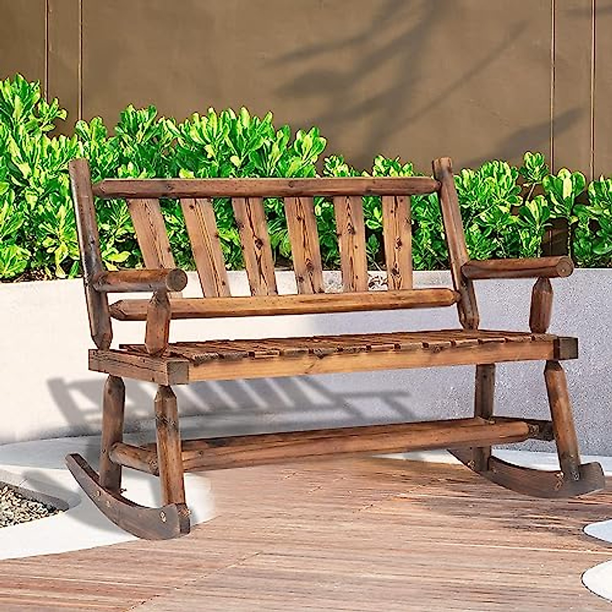 KINTNESS Outdoor Wood Double Rocking Chair - 2-Person Patio Rocker Bench for Balcony Yard Poolside