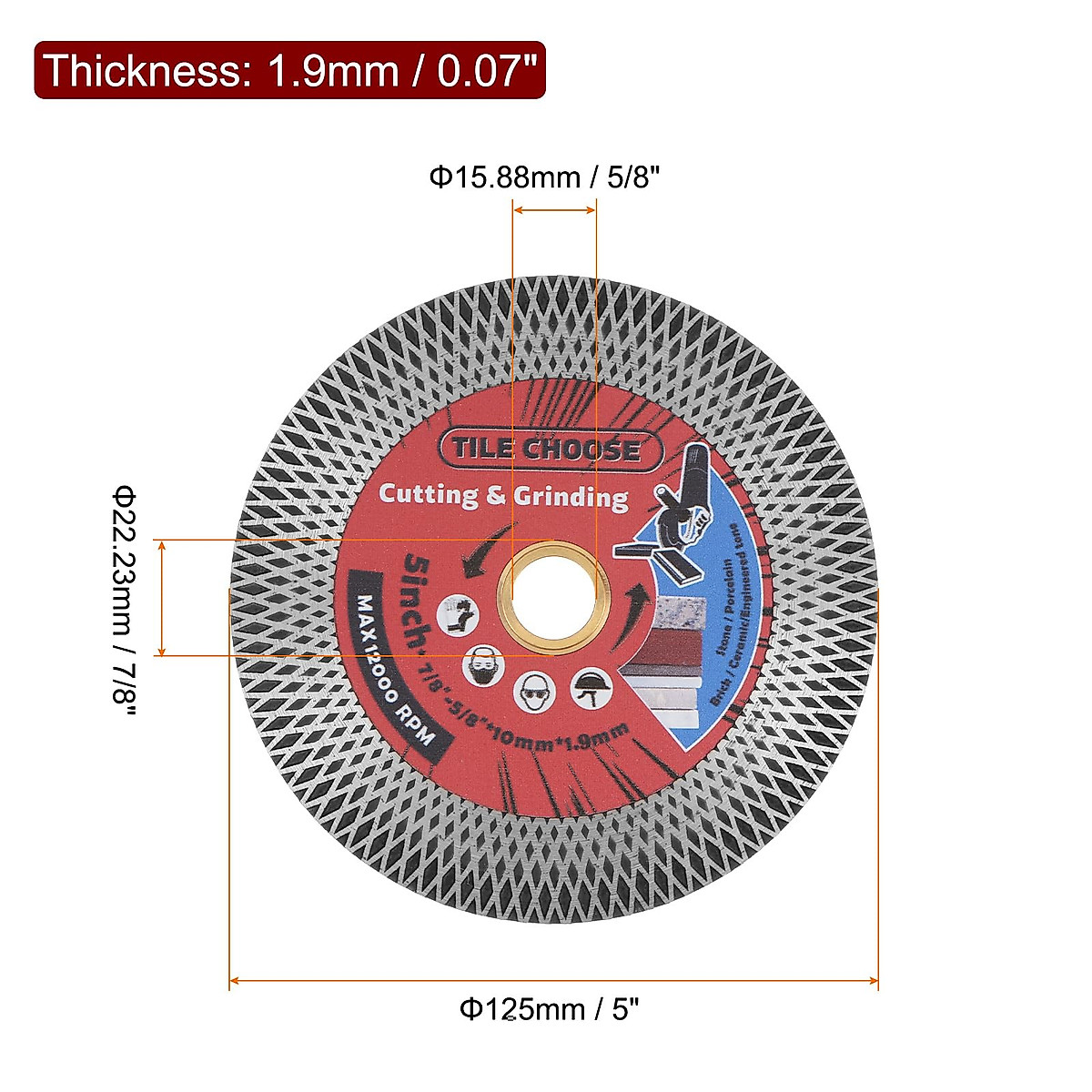 HARFINGTON Diamond Porcelain Tile Saw Blade, 5" (125mm) Super Thin Diamond Cutting Disc with Arbor 5/8" for Cutting and Grinding Ceramic Tiles,Porcelain,Marble