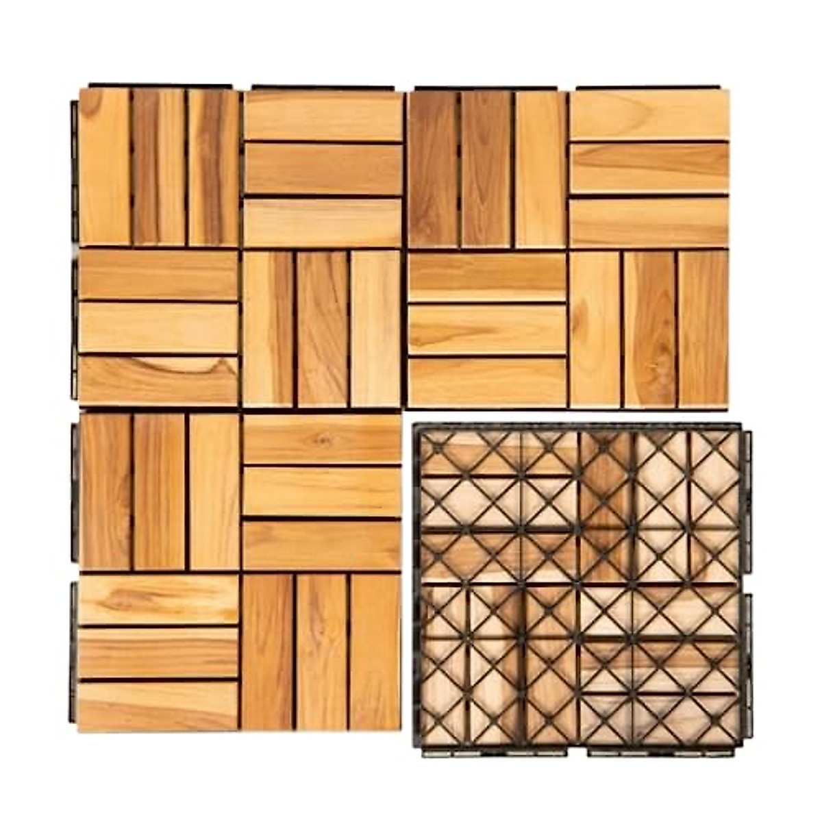 BEEFURNI Teak Interlocking Deck Tiles (10PCS 12"x 12"), Hardwood Outdoor All Weather, Wood Tile for Balcony, Backyard, Hot Tub Decor, 1-Year Warranty