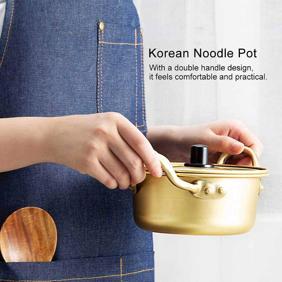 Korean ramen pan with lid quick noodle cooking pot Korean yellow aluminum soup pot noodle pot with handle for soup noodles(20cm Pot)