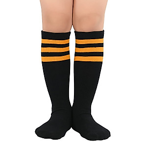 Kids Soccer Socks Toddler Knee High Tube Socks Three Stripes Cotton Uniform Sports Stocking for Girls Boys Halloween Socks 1 Pack Black Orange