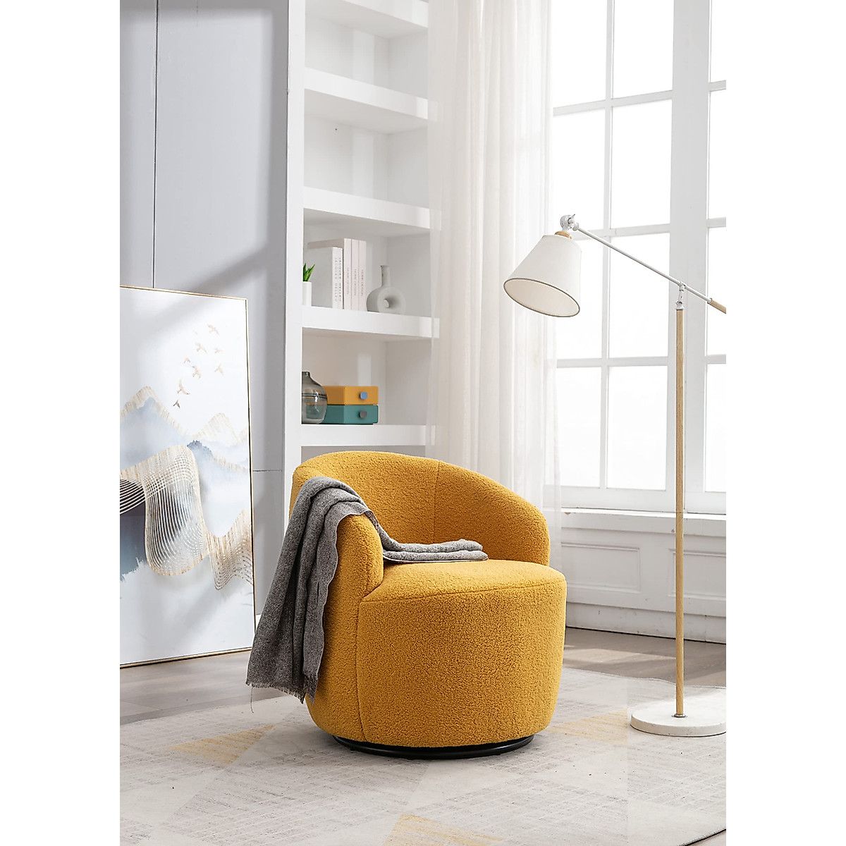 INMOZATA Swivel Barrel Chair, Teddy Fabric Modern Accent Armchair Barrel Chair with Metal Base, Upholstered Comfy 360°Round Single Reading Chair for Living Room Bedroom,Yellow