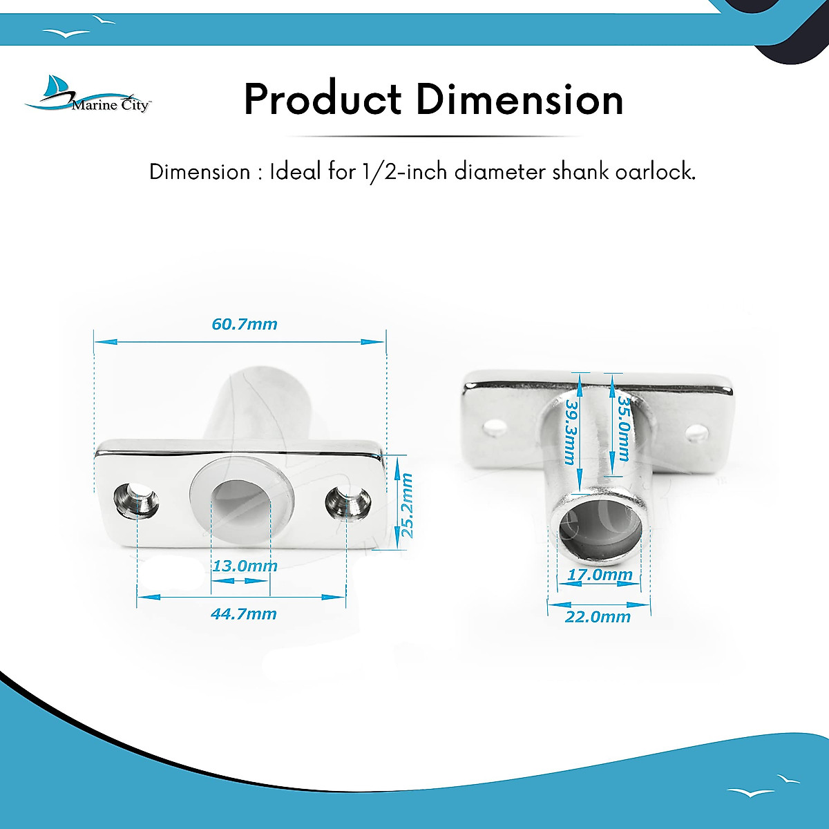 MARINE CITY 316 Grade Polished Stainless Steel 1/2 Inches Shank Top Mount Rowlock/Oarlock Socket for Boats – Yachts – Ships (Pack of 2)