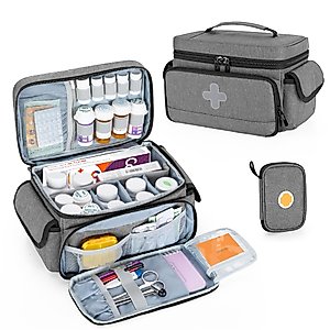 CURMIO Medicine Storage Bag Empty, Lockable Pill Bottle Organizer with Portable Zippered Pouches for First Aid Kits, Medicine Box for Home and Travel, Gray (Patent Pending)