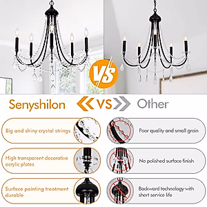 Senyshilon Black Crystal Chandeliers for Dining Room Light Fixtures Over Table, Farmhouse 5 Lights Rustic Candle Chandelier for Living Room Kitchen Island Bedroom Entryway