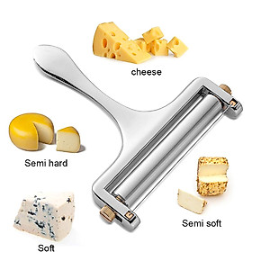 NANEEZOO Cheese Slicer, Adjustable Thickness Heavy Duty Stainless Steel Cheese Slicers With Wire for Soft & Semi-Hard Cheeses - 4 Replacement Stainless Steel Cutting Wire Included (Silver)