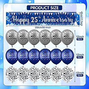 Blue Silver 25th Anniversary Decorations for Men Women, Blue Silver Happy 25th Anniversary Banner 18pcs Navy Blue 25th Anniversary Balloons for 25th Silver Wedding Anniversary Decoration Supplies