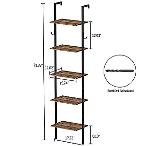 Tohomeor Industrial Bookshelf Wall Mounted 5-Tiers Ladder Shelf Wooden and Metal Narrow Thin Bookshelf Open Display Storage Rack for Living Room Bedroom Home Office (Rustic Brown, Small)
