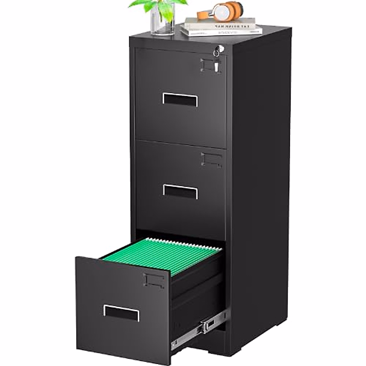 Greenvelly 18" D File Cabinet, 3 Drawer Vertical File Cabinet with Lock, Locking Filing Cabinet for Home Office, Black Metal File Cabinet for Hanging Letter/Legal Folders, Easy Assemble