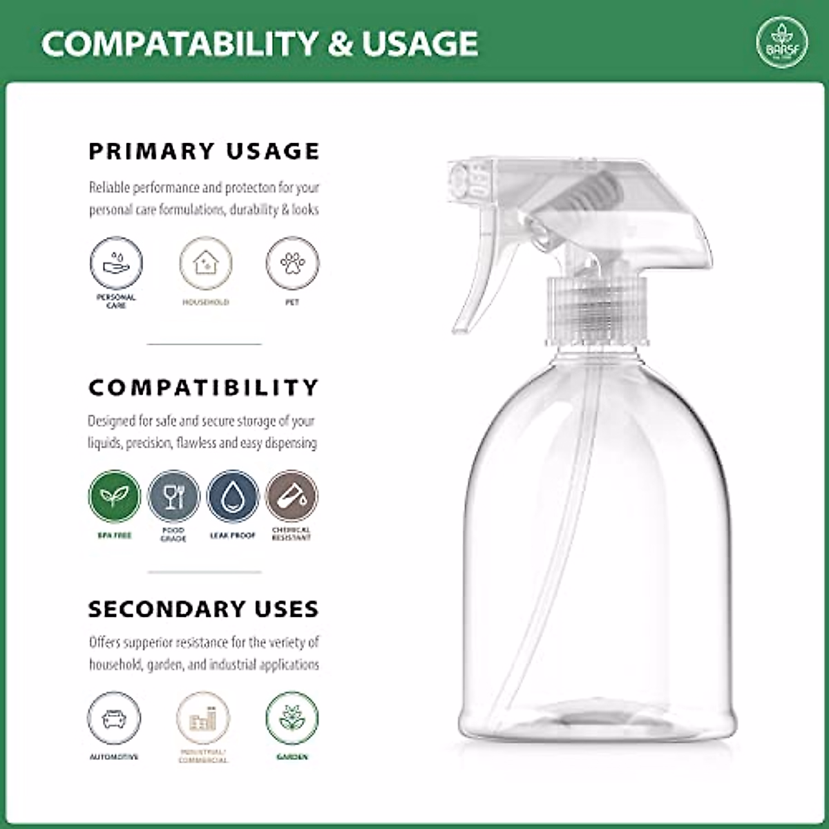 Bar5F Fine Mist Spray Bottle 16-Ounce Essential Oils, Gardening, Mild Cleaning Solutions, Pets, Plants, Cooking, Water Spray Bottle, Salon Hair Misting (1)