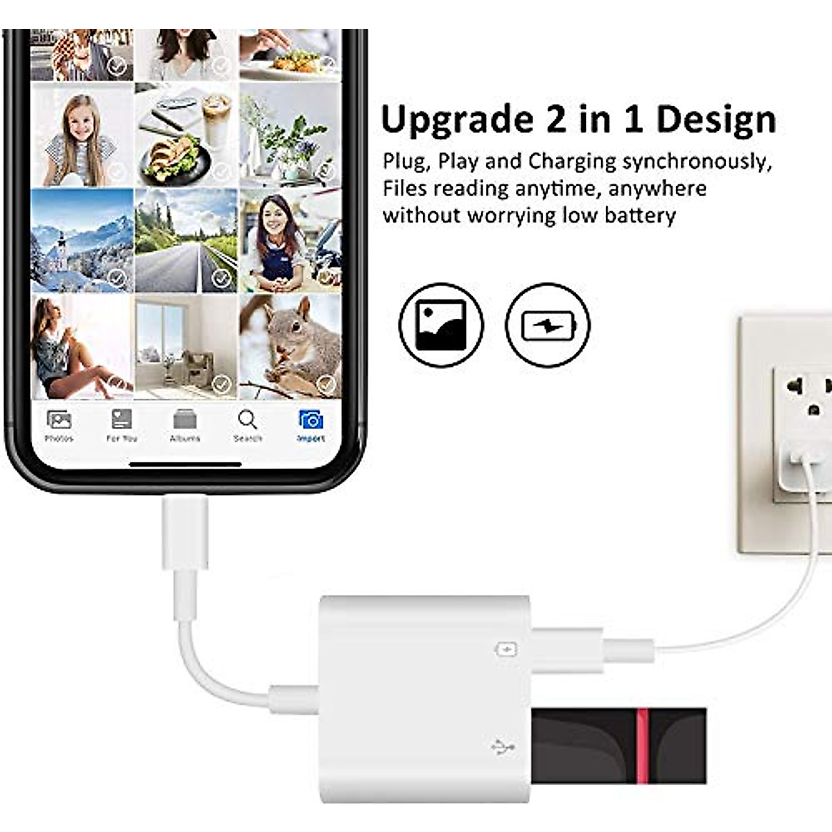 [Apple MFi Certified] Lightning to USB Camera Adapter for iPhone, USB OTG Adapter with Fast Charging Port Portable Compatible with iPhone/iPad/Card Reader/USB Flash Drive/Keyboard/Mouse Plug and Play