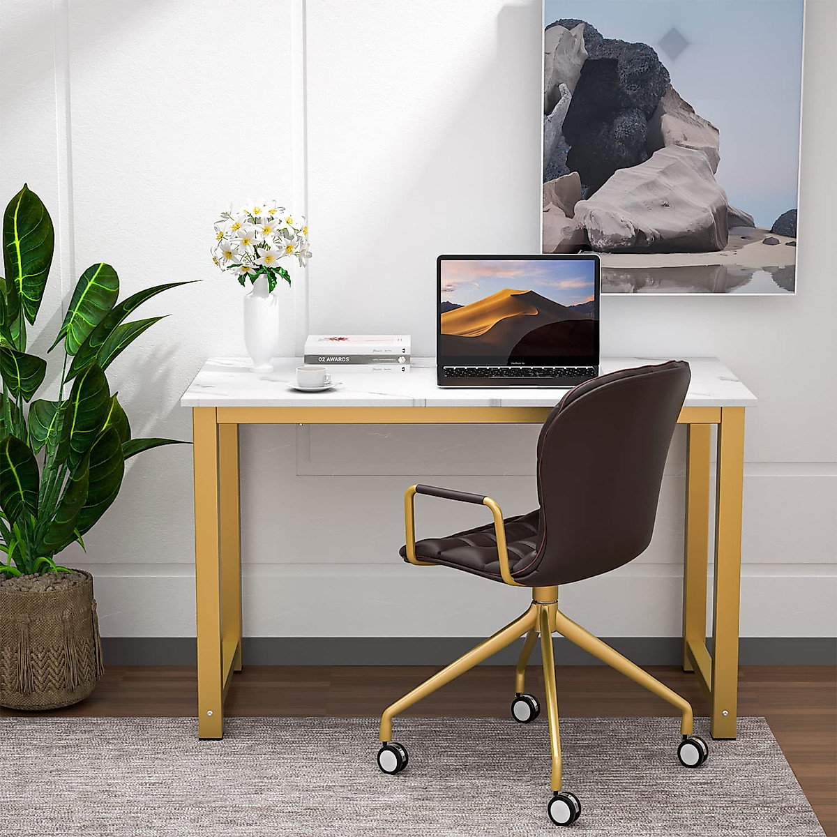 Dorriss Computer Desk,Home Office Desks, 47" Computer Table, Writing Desk,Marble Desk,White and Gold Desk, White Faux Marble Desk,Gold Metal Frame, White Desk,Marble Computer Desk for Home Office