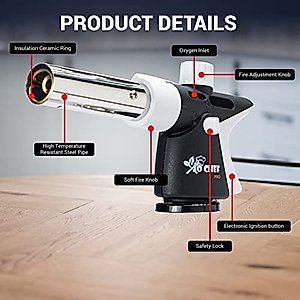 Jo Chef Pro Butane Torch Lighter - Refillable Butane Torch Head, Small Butane Torch with Safety Lock & Adjustable Flame - Culinary Blow Torch, Creme Brulee Torch, Baking, Included 2 Butane Canisters