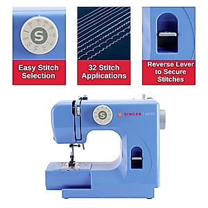 SINGER M1000 Lightweight & Portable Sewing Machine With 32 Stitch Applications, LED Light & Top drop-in bobbin for Hems | Great for Mending - Blue