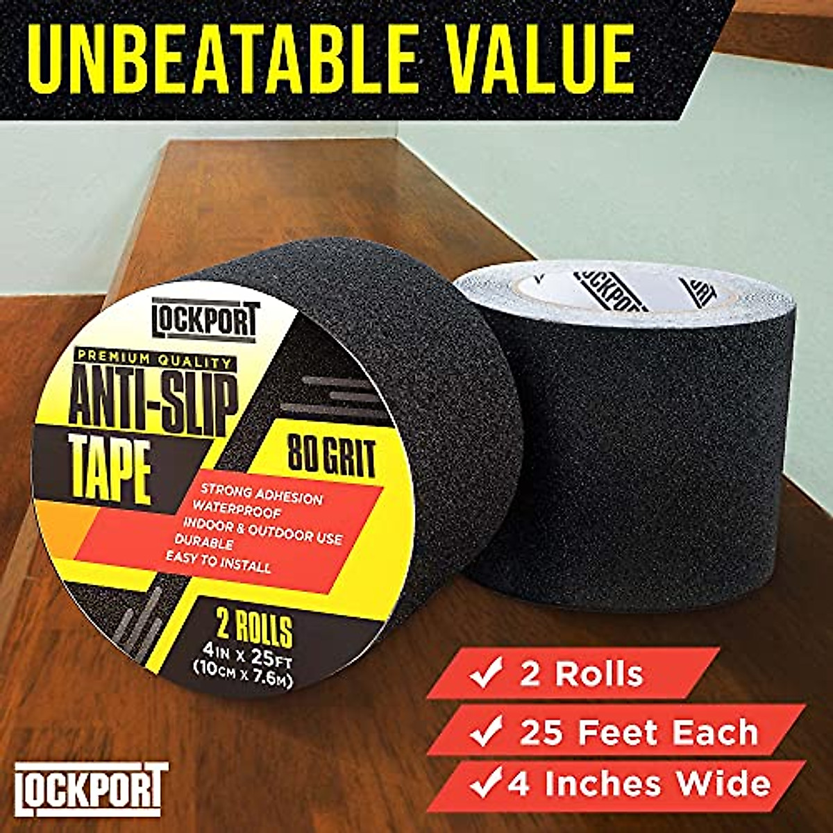 Lockport Grip Tape 2-Pack – Heavy Duty Anti Slip Tape with 80 Grit Traction – 4 in x 50 ft of Waterproof, Oil & UV-Resistant, Grip Tape for Stairs, Treads, & Ramps – Non Slip Tape