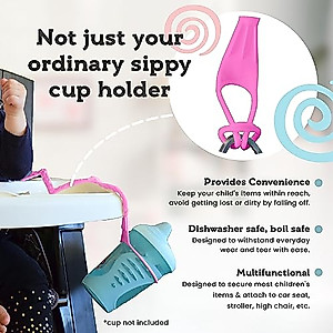 Brilli Baby Sippy Cup Catcher - 2-Pack - Bungee Tether for Bottle or Toy - Pacifier Holder Strap to Attach to Your Stroller - Leash to Secure Cups to High Chairs -Springy Cord for Car Seat Aqua & Navy