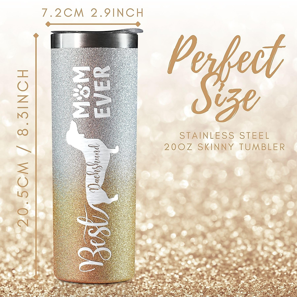 Onebttl Dachshund Gifts, Best Dachshund Mom Ever, Christmas Gifts for Wiener Dog Lovers, Women, Girls, Friends, Daughters, Coworkers, Stainless Steel Glittering Tumbler 20Oz