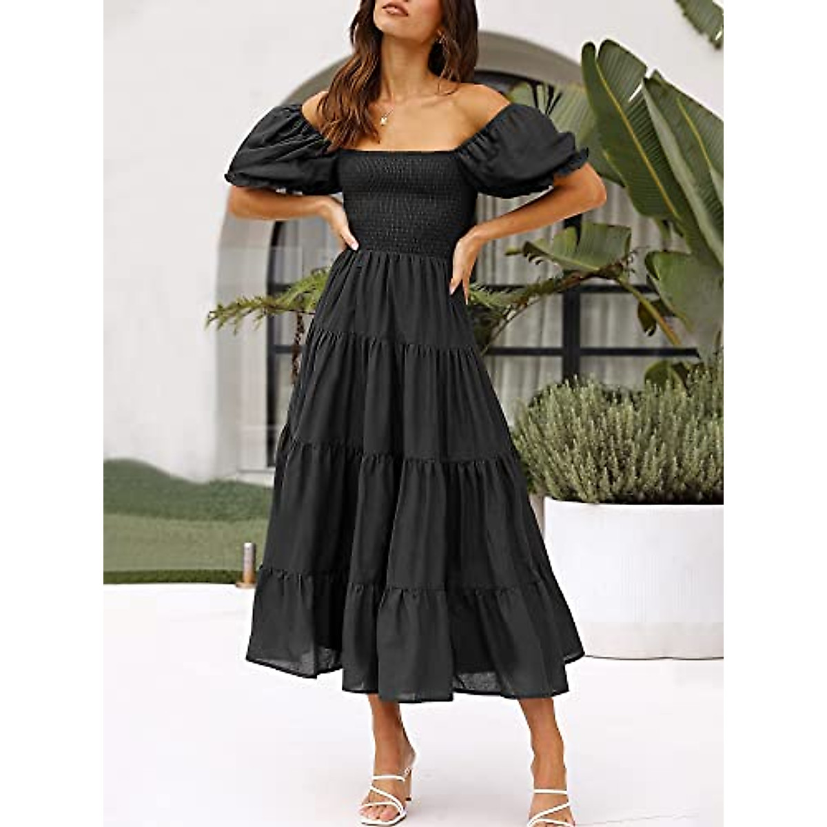 ANRABESS Women's Casual Summer Midi Dress Puffy Short Sleeve Square Neck Smocked Tiered Boho 2023 Spring Dresses for Wedding Bridal Shower 877heise-M Black