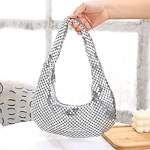 Rejollly Sequins Purse Sparkly Bling Hobo Handbag Under Arm Clutch Purse for Women Evening Bag for Prom Cocktail Party Wedding Silver