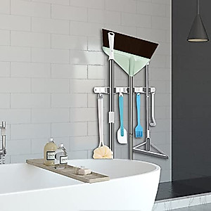 Hanjaytop Mop and Broom Organizer Wall Mounted, Stainless Steel Heavy Duty Garden and Kitchen Garage Tool Organizer Wall Holder for Home Goods (3 Racks 4 Hooks)