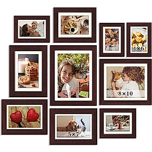 Picture Frame Set Wall Photo: 10 Variety Pack Rustic Wood Photo Frames with Real Glass and Mat Lightweight Matted Gallery Picture Frames Bulk for Wall or Tabletop Including 8x10 5x7 4x6 Walnut Brown