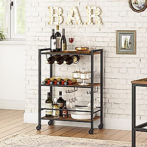 HOOBRO Bar Cart for The Home, 3-Tier Serving Cart on Wheels, Kitchen Cart with Wine Rack and Glass Holder, Rolling Beverage Cart for Living Room, Party, Bar, Rustic Brown and Black BF35TC01G1