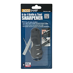 AccuSharp 4-in-1 Knife & Tool Sharpener, Coarse Tungsten Carbide Sharpening Blade & Ceramic Rod with Retractable Diamond-Tapered Rod for Knives, Fish Hooks & Tools, Black