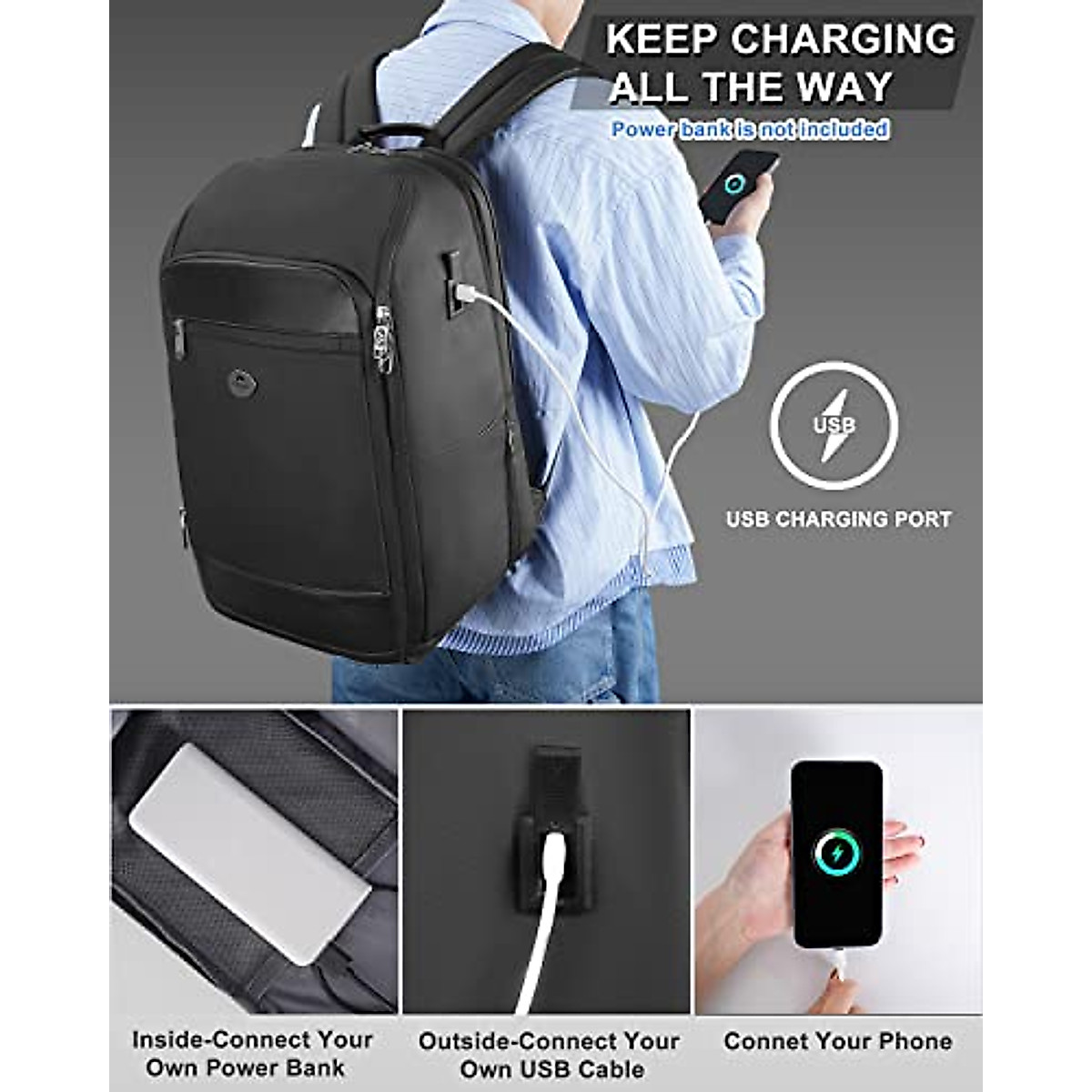 MATEIN Backpack for Travel, Waterproof Expandable Carry on Backpack for Men with USB Charging Port & Wet Bag, Extra Large TSA 17 Inch Laptop Backpack Business Work Computer Bag Flight Approved, Black